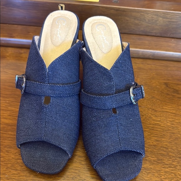 Shoes | Blue Denim Clogs With Wedge Heel | Poshmark